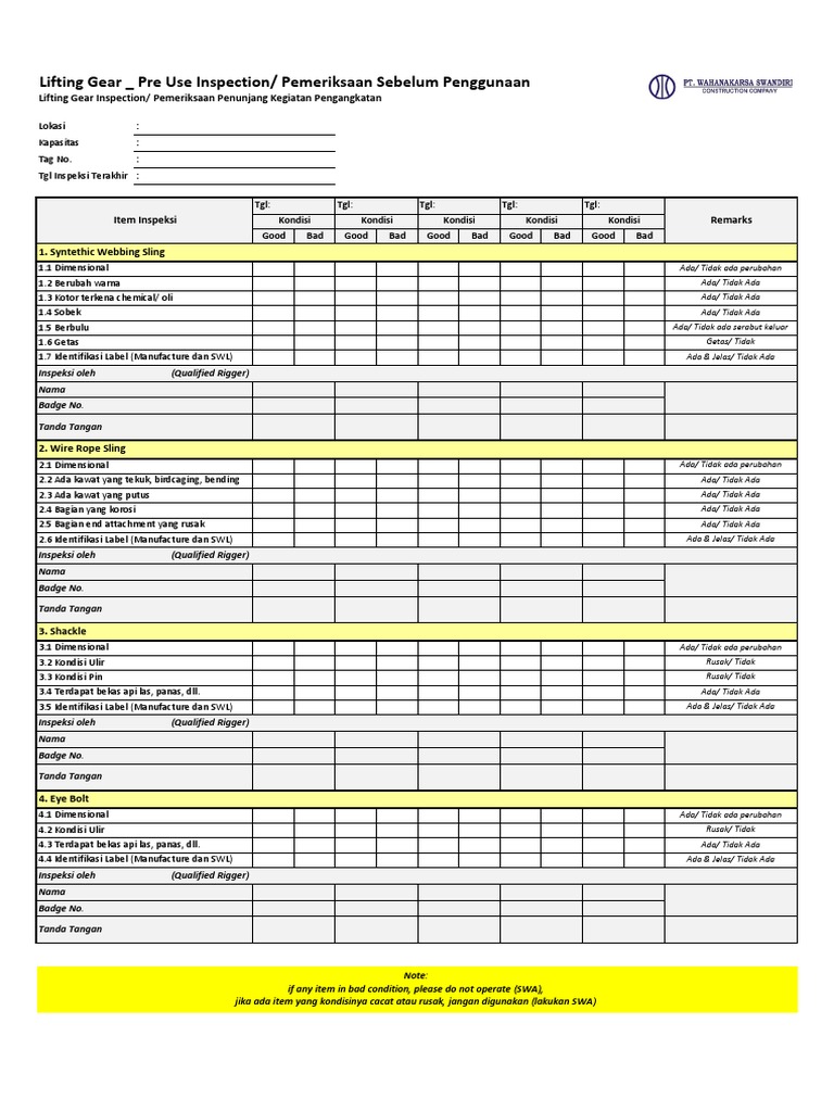 Lifting Gear Pre Use Inspection Form | PDF