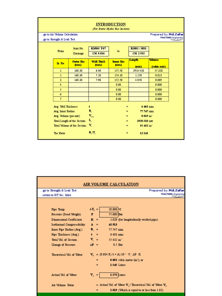 Hydro-Test Calculation | PDF | Volume | Pipe (Fluid Conveyance)
