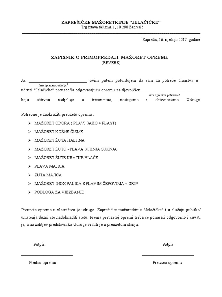 Zapisnik o Primopredaji Mažoret Opreme PDF | PDF