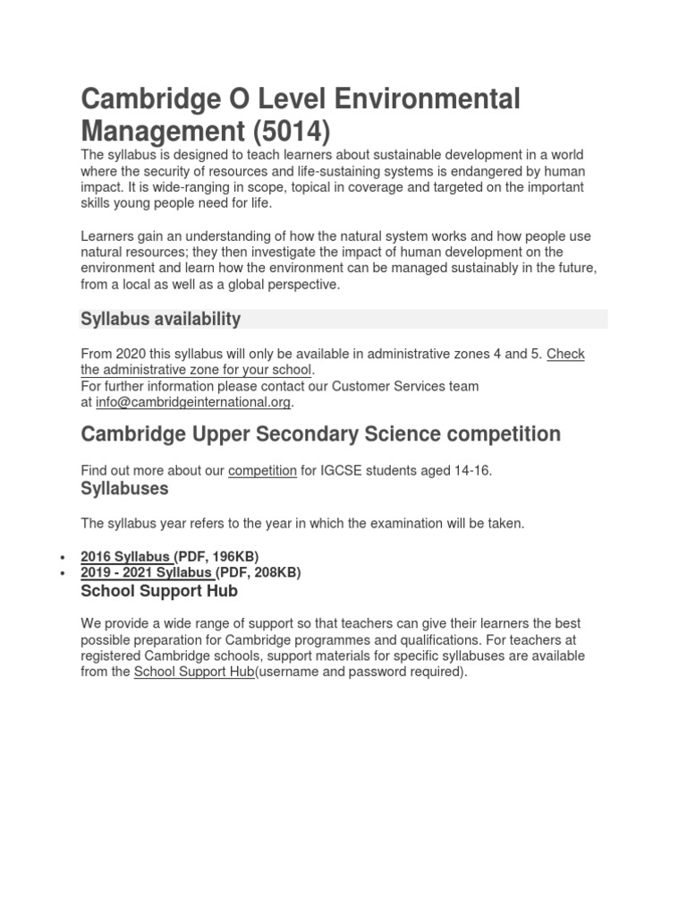 Cambridge O Level Environmental Management | PDF