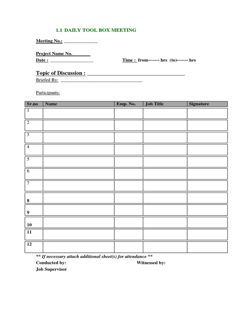 Daily Toolbox Meeting Template | PDF | Art