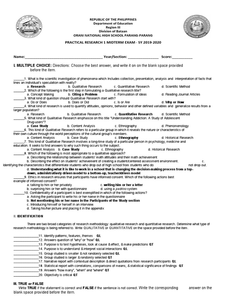 PRACTICAL RESEARCH 1 MIDTERM EXAM 2020 With Answers | PDF | Qualitative ...