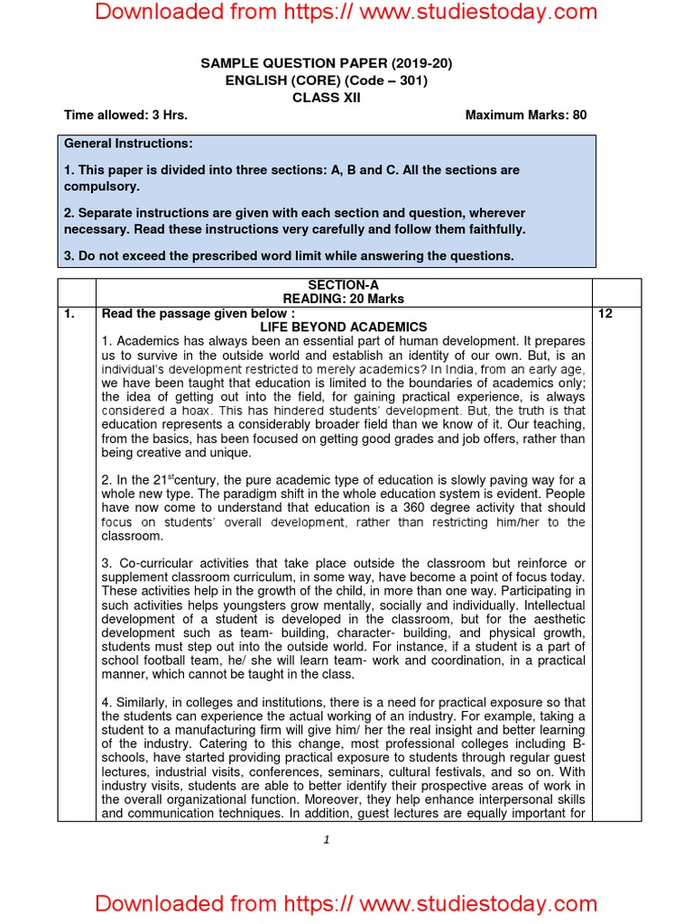 CBSE Class 12 English Core Boards 2020 Sample Paper Solved | PDF ...