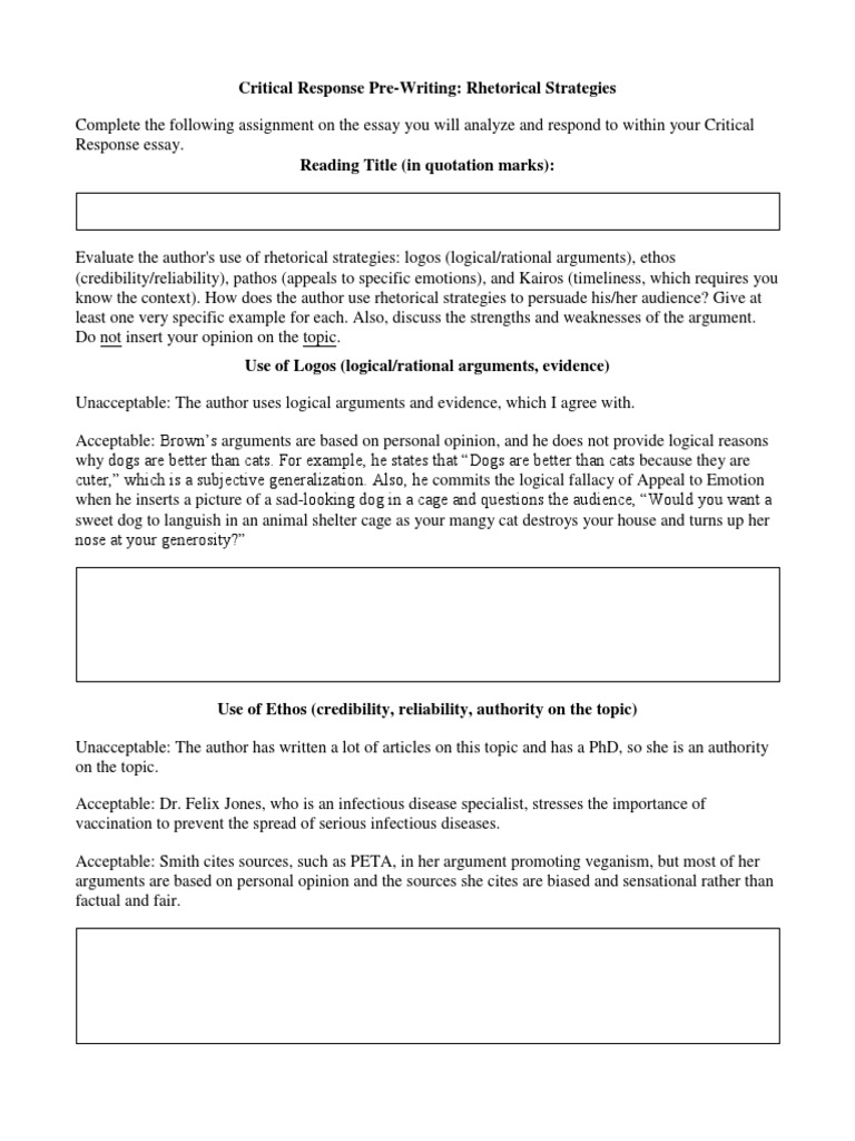Critical Response Rhetorical Strategies Worksheet | PDF | Argument ...