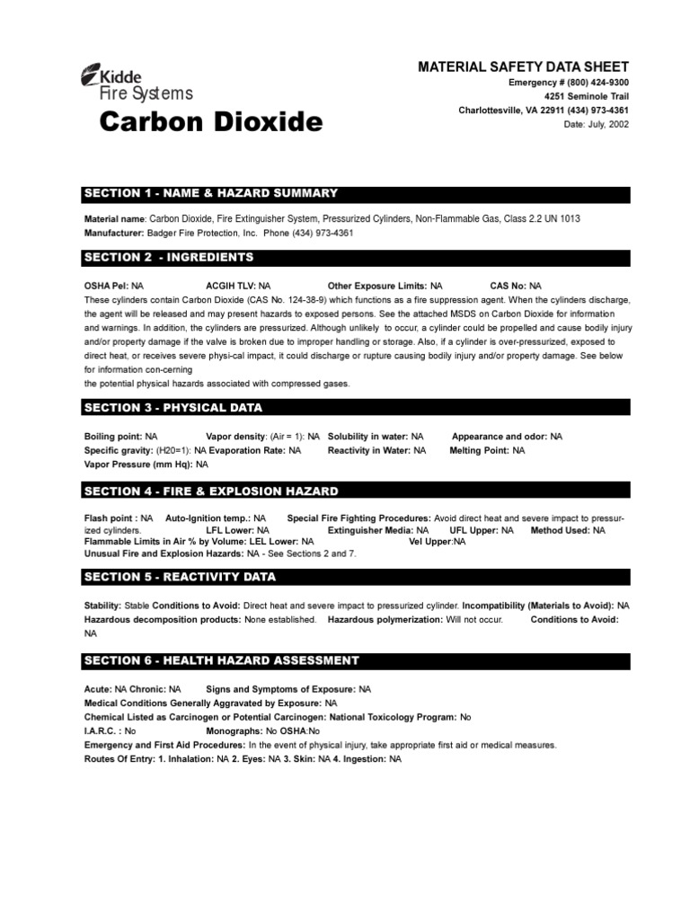 Carbon Dioxide Msds Sheet - Kidde | PDF | Carbon Dioxide | Personal ...