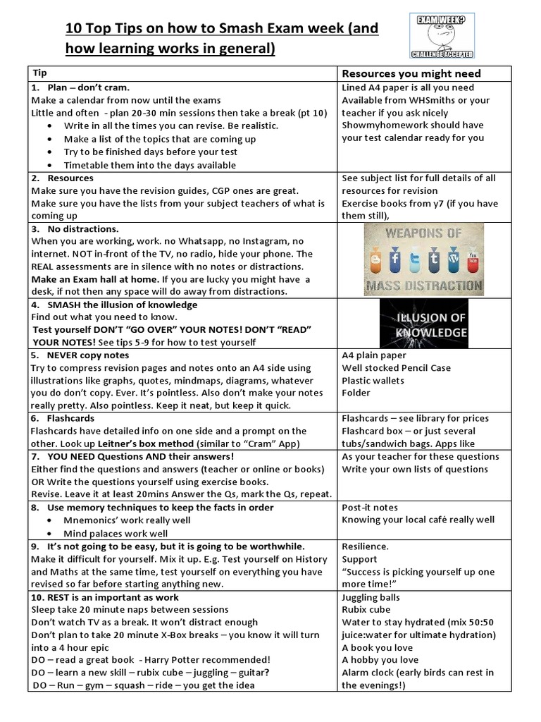 10 Top Tips To Smash Exam Week | PDF | Test (Assessment) | Learning
