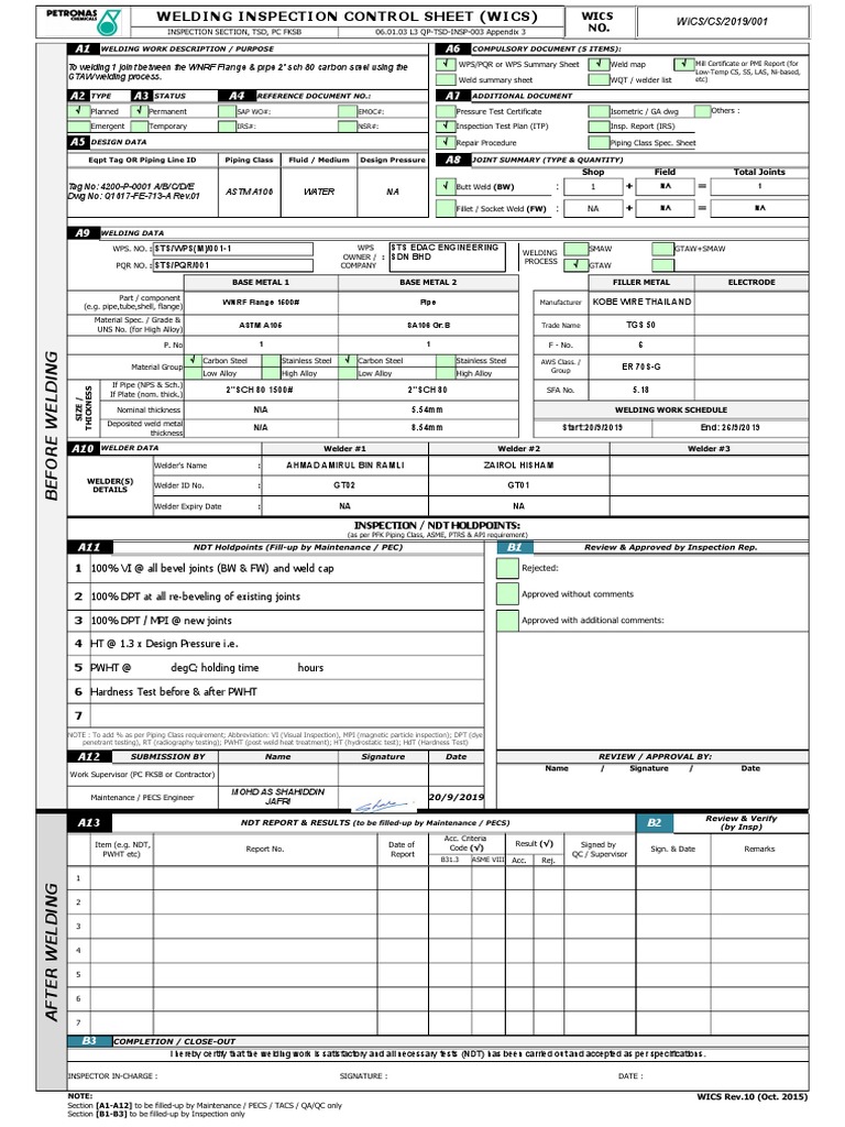 INSP-F01 WICS Form (Rev.10 - Oct2015) | PDF | Pipe (Fluid Conveyance ...