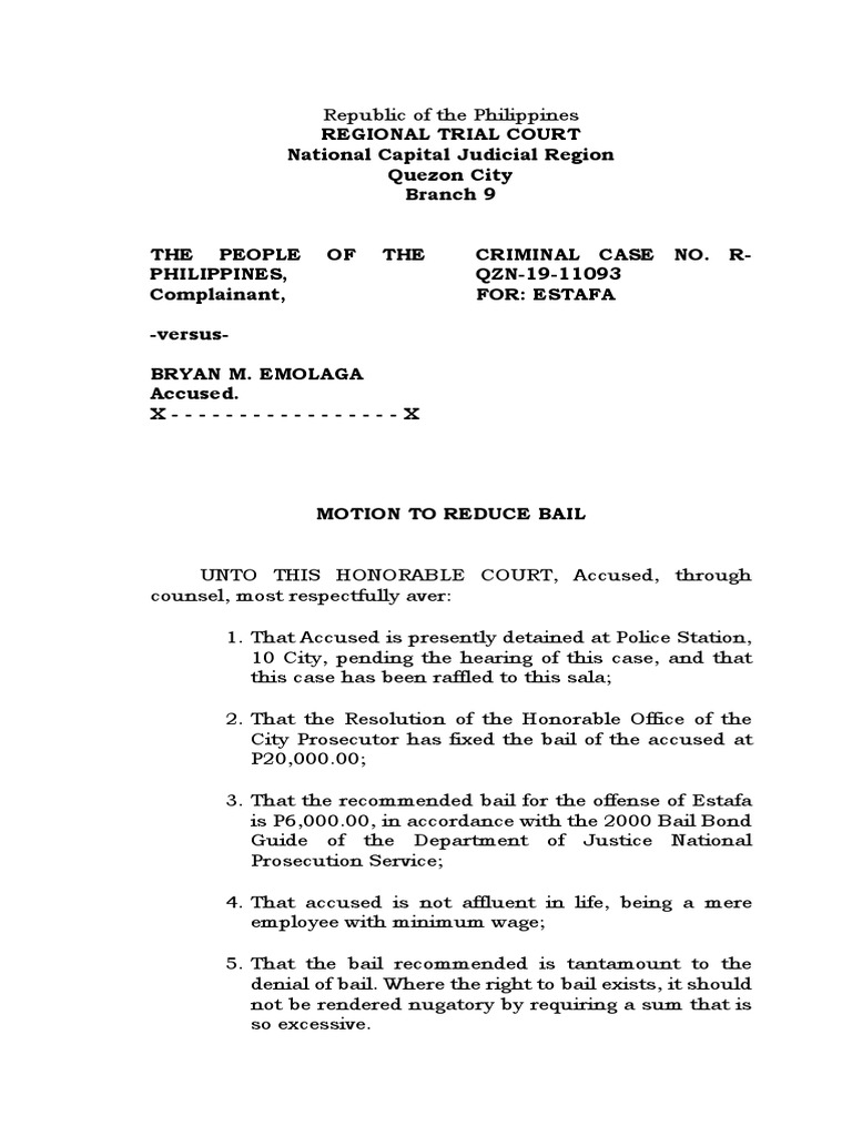 Motion to Reduce Bail for Estafa Case | PDF | Bail | Prosecutor