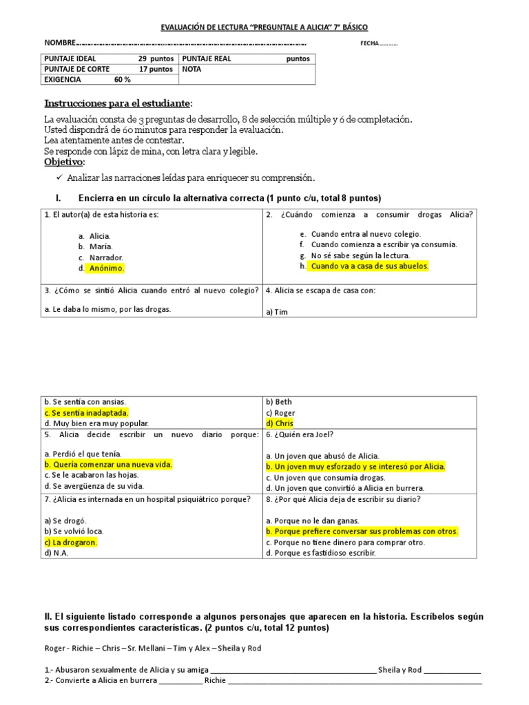 Prueba Preguntale A Alicia | PDF
