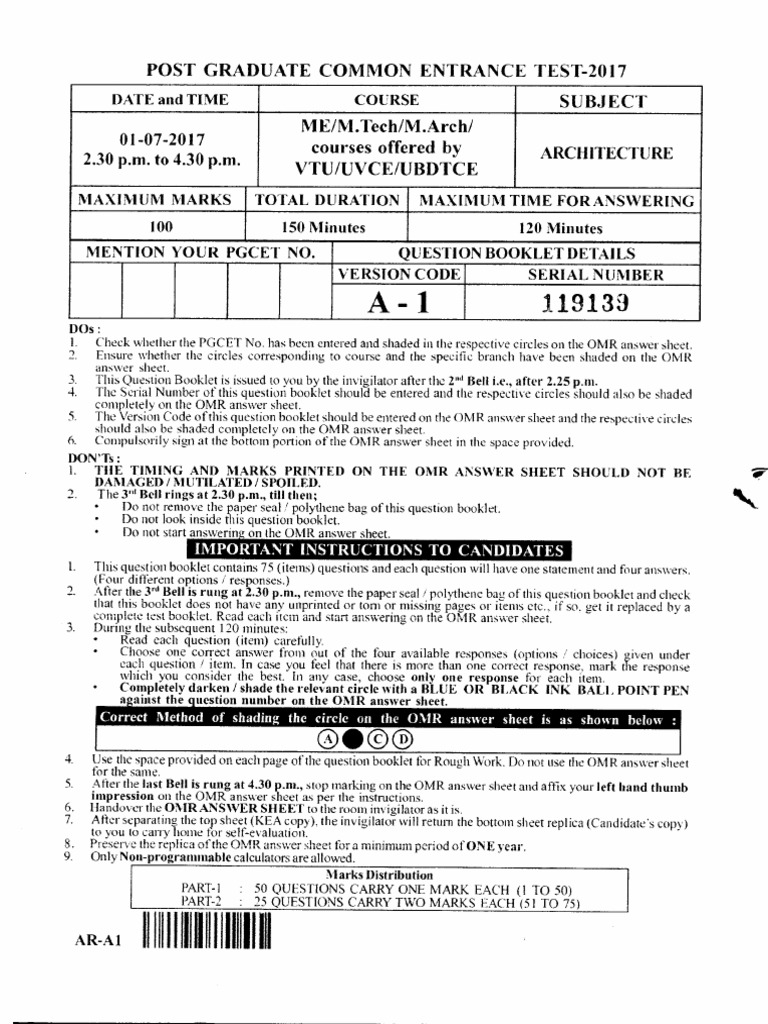 Karnataka PGCET Question Paper Architecture - 2017 | PDF
