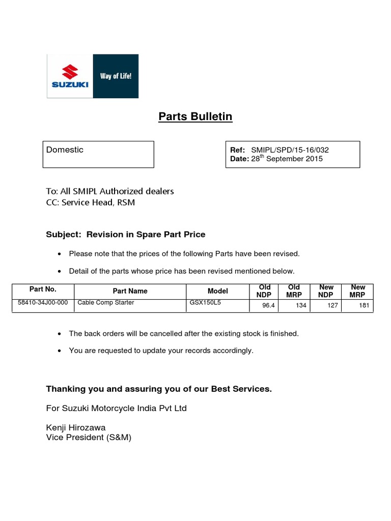 Suzuki Parts Bulletin | PDF | Vehicle Technology | Manufactured Goods