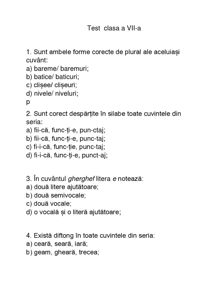 Test Clasa aVII-a | PDF