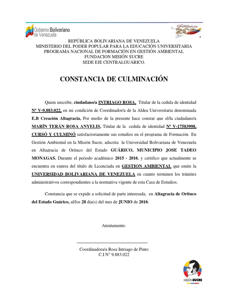 Constancia de Culminación de Estudios | PDF | Venezuela | Universidad