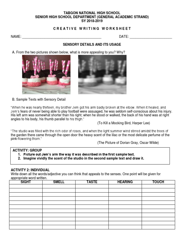Creative Writing Worksheet: Sensory Details | PDF