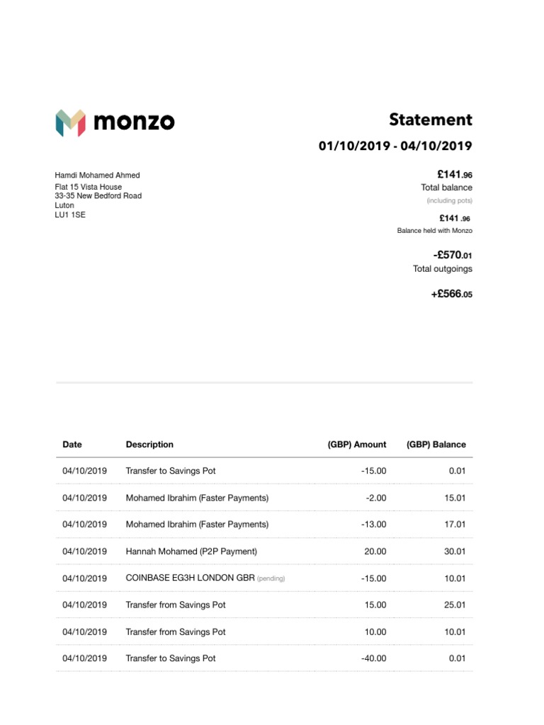 Monzo Bank Statement | PDF | Banks | Services (Economics)