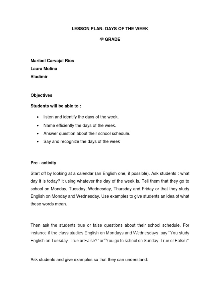 Lesson Plan - Days of The Week | PDF | Wellness