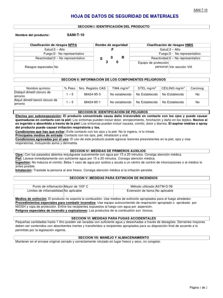 Hoja Seguridad Sanit 10 | PDF | Agua | Química