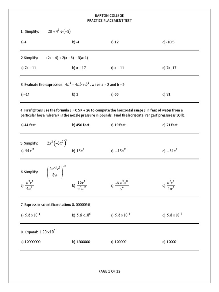Barton College Math Placement Test | PDF | Logarithm | Fahrenheit