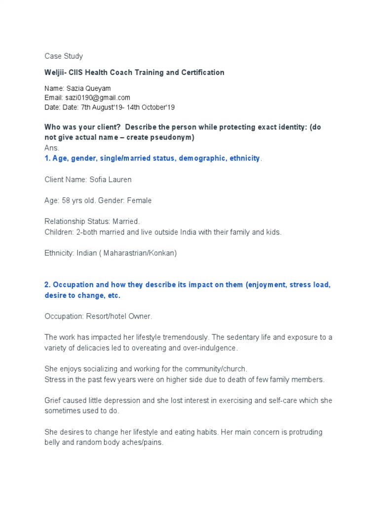 Case Study-Health Coaching Client - by Sazia Queyam - India | PDF ...