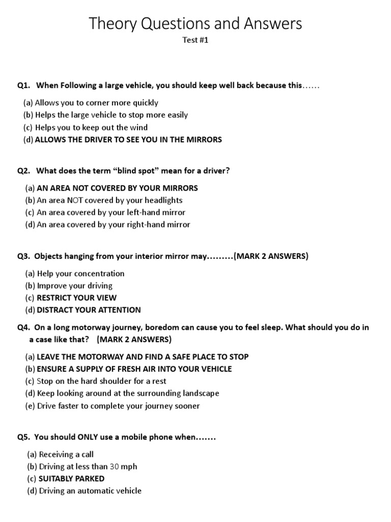 Driving - Theory Answer Sheets | Download Free PDF | Traffic | Road