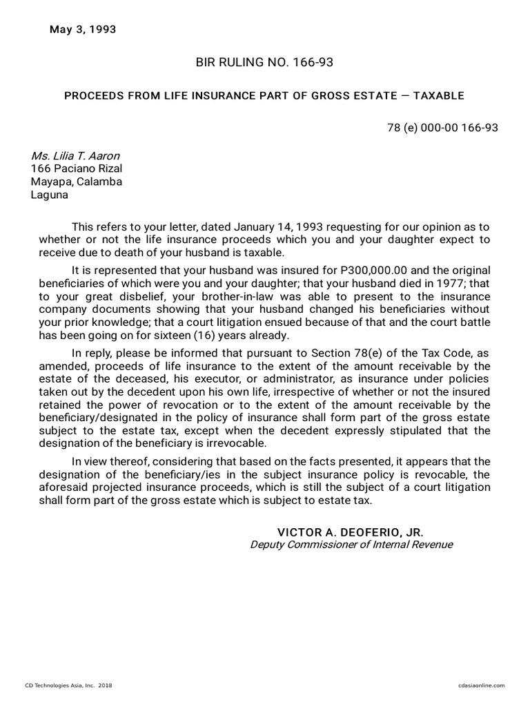 BIR Ruling 166 93 | PDF | Law