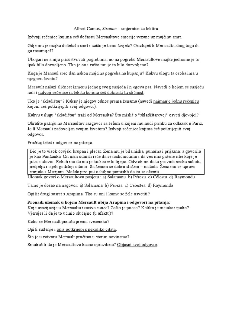 Camus, Stranac - Smjernice Za Lektiru | PDF