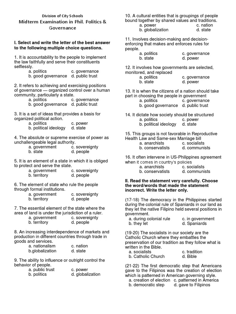 Midterm Exam: Philippine Politics & Governance | PDF | Liberalism ...