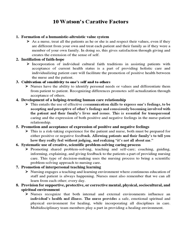 Watson's 10 Carative Factors Explained | PDF | Nursing | Self