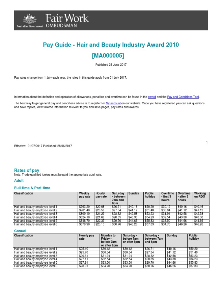 Hair and Beauty Pay Guide 2024 | PDF | Overtime | Labor