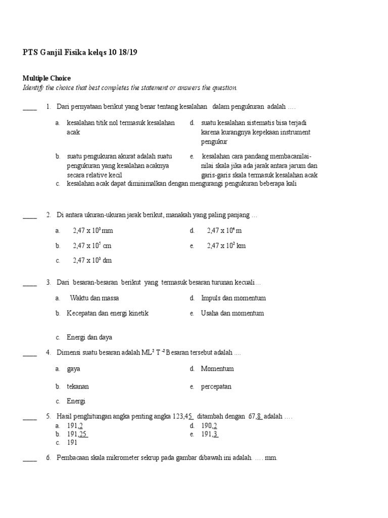 PTS Ganjil Fisika Kelas X MIPA | PDF