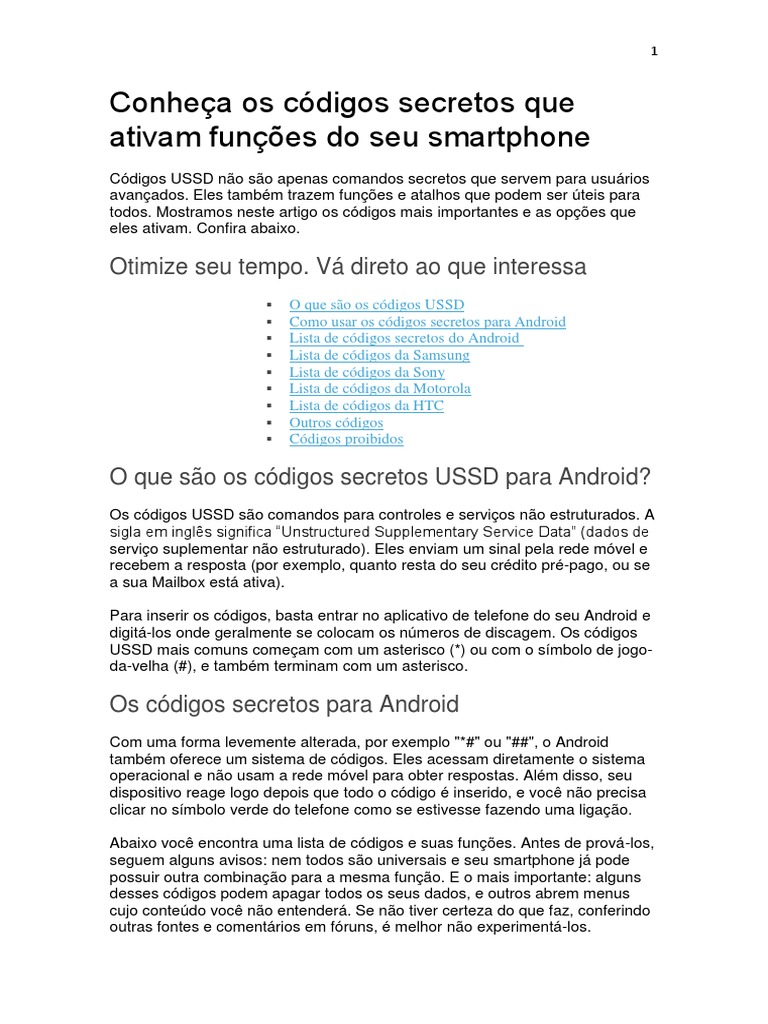 Conheça Os Códigos Secretos Que Ativam Funções Do Seu Smartphone | PDF ...