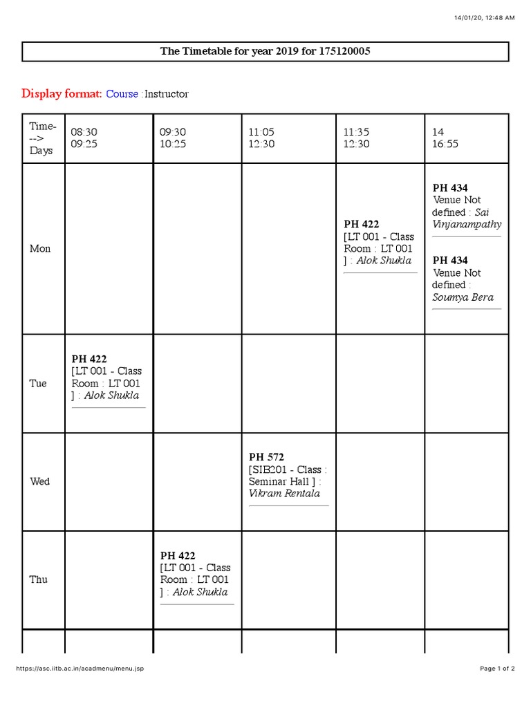 IITB 2019 Course Timetable | PDF