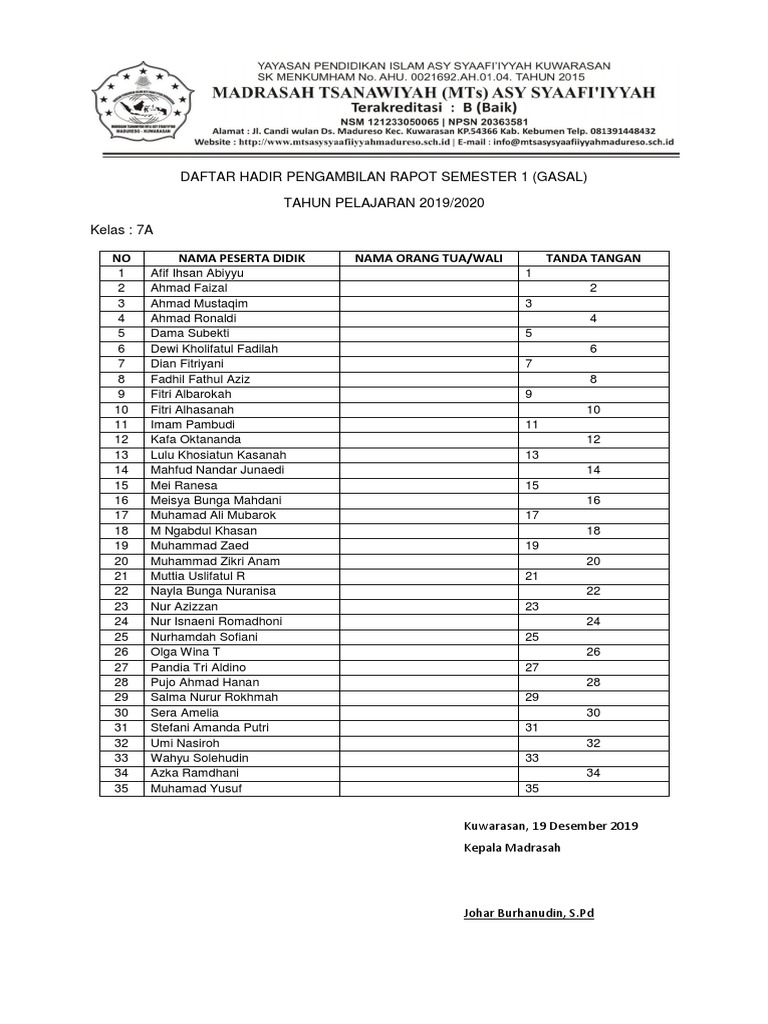 Contoh Daftar Hadir Pengambilan Rapot | PDF