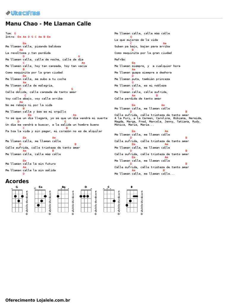 Manu Chao - Me Llaman Calle (Uke Cifras) | PDF