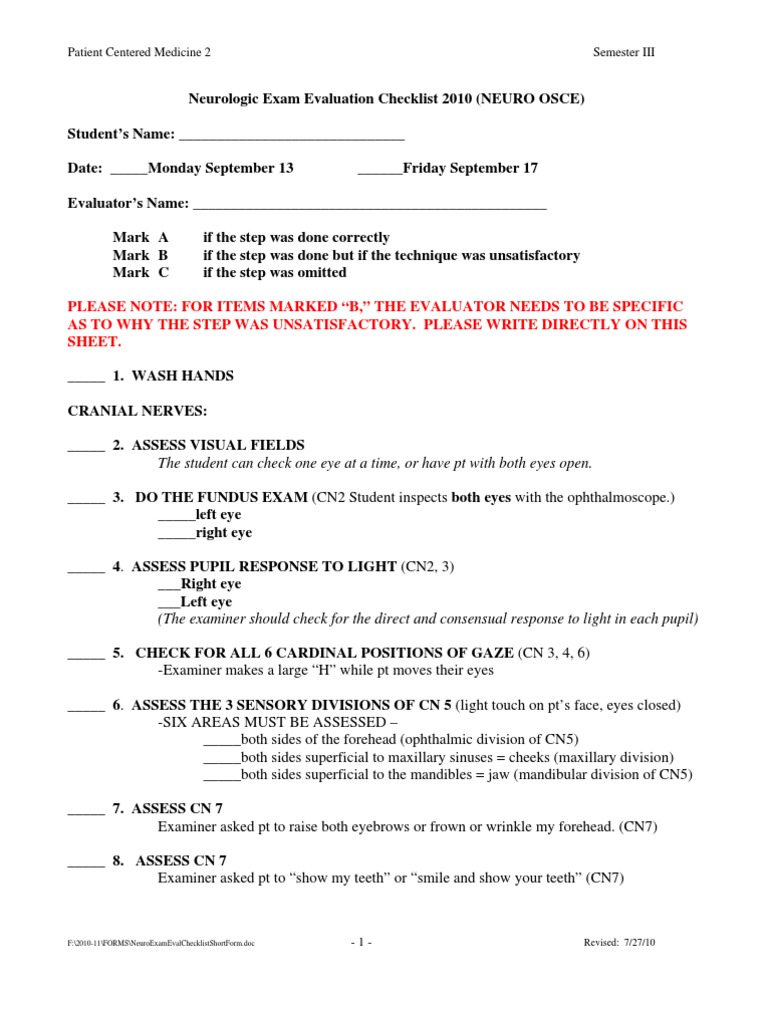 Neuro Exam Eval Checklist Short Form | PDF | Anatomical Terms Of Motion ...