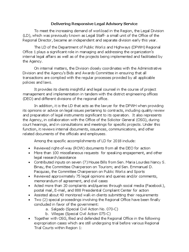 DPWH RO 1 - Legal Division: Accomplishments For 2018 | PDF | Lawyer ...