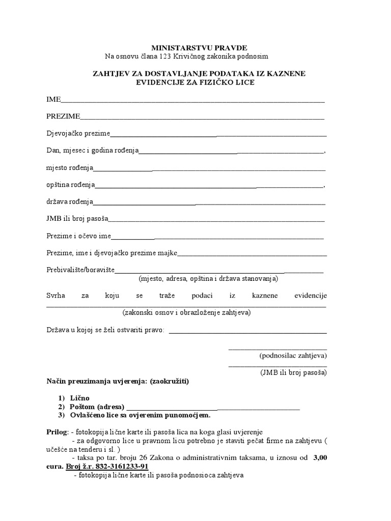 Zahtjev Za Dostavljanje Podataka Iz Kaznene Evidencije Za Fizičko Lice ...