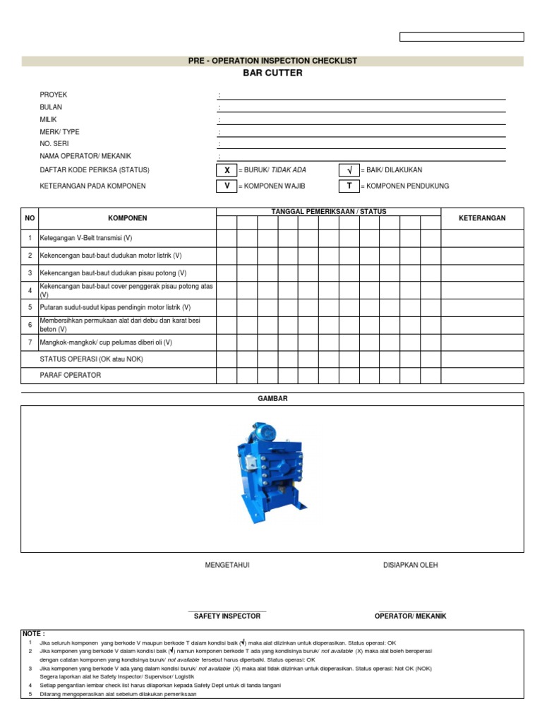 Checklist Inspeksi Bar Cutter | PDF