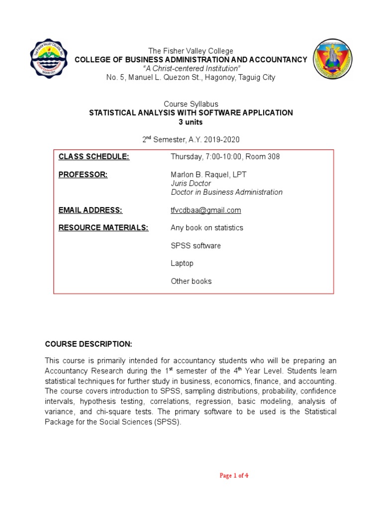 Syllabus Statistical Analysis With Software Application Pdf Spss Statistics