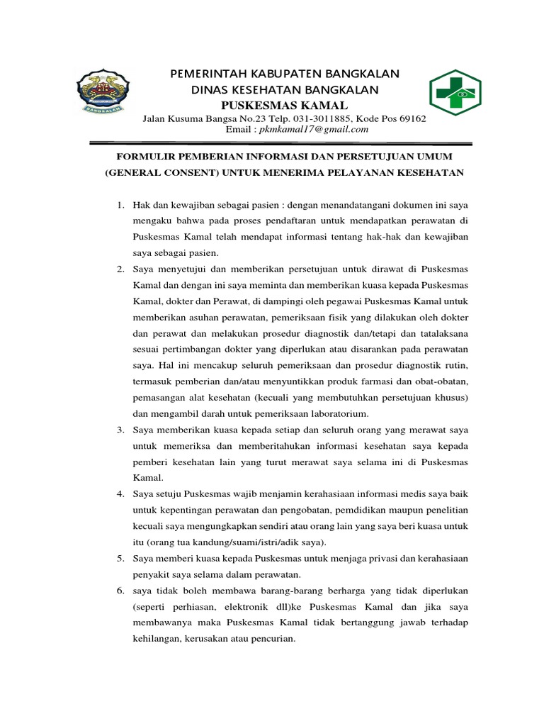 Formulir Pemberian Dan Persetujuan Umum (General Consent) Untuk Menerima Pelayanan Kesehatan | PDF