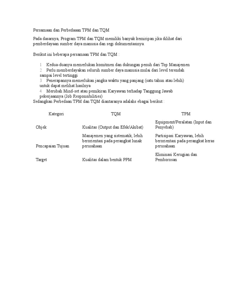 Persamaan dan Perbedaan TPM vs TQM | PDF