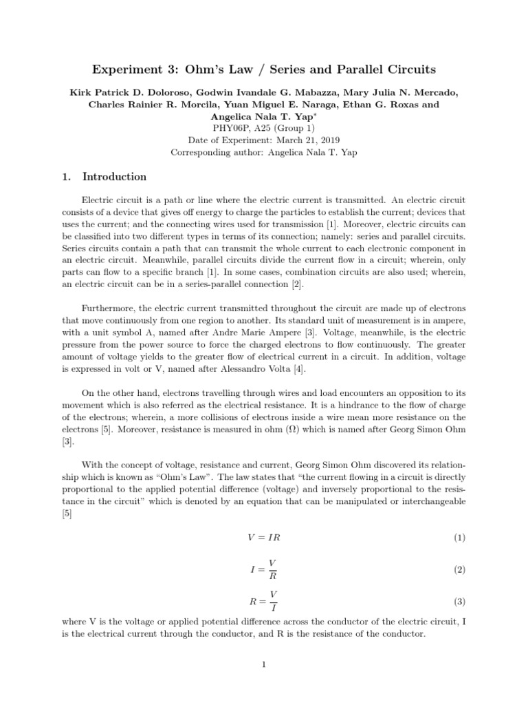 Experiment 3: Ohm's Law / Series and Parallel Circuits | PDF | Series ...