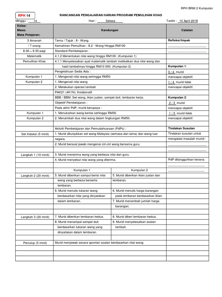 Contoh RPH Matematik Pemulihan Khas (2 Kumpulan) | PDF