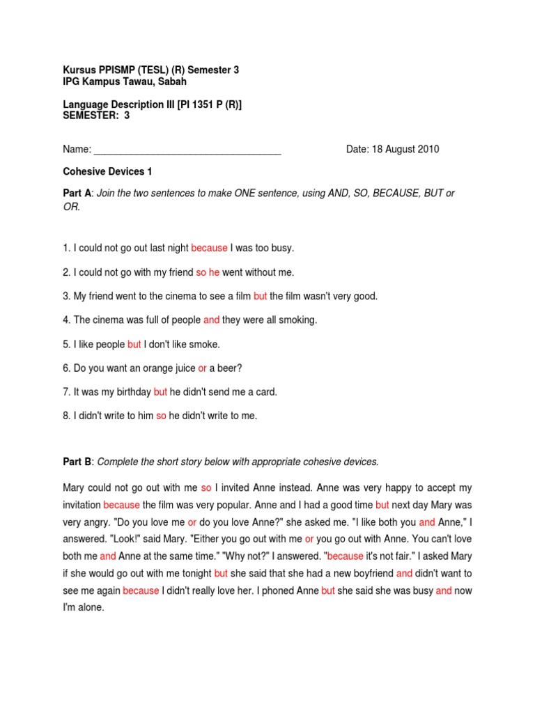 Cohesive Devices Exercise 1 | PDF
