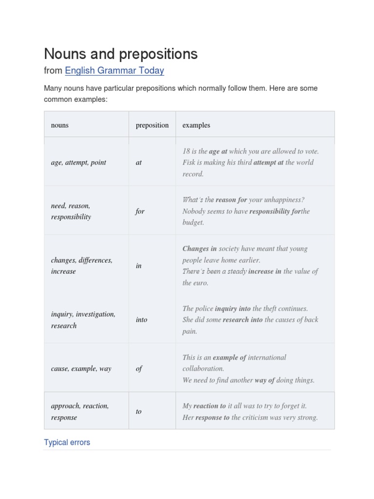 Nouns and Prepositions | PDF | Preposition And Postposition | Phrase