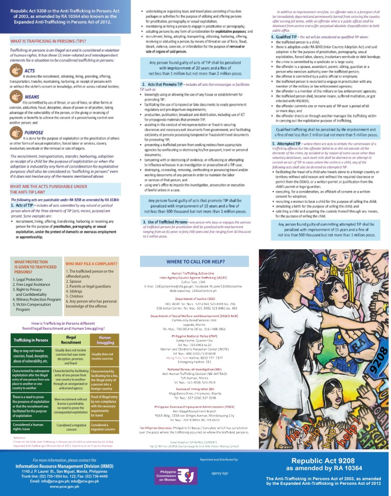 Anti-Trafficking in Persons RA 9208 (Brochure) PDF | PDF