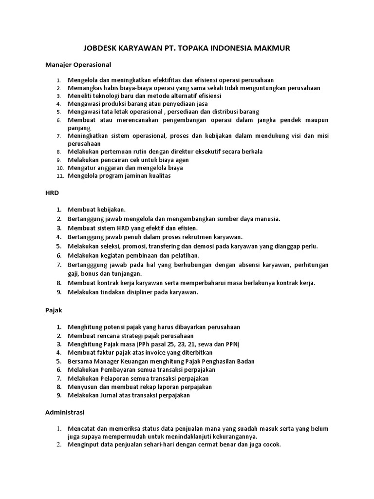 Jobdesk Karyawan | PDF