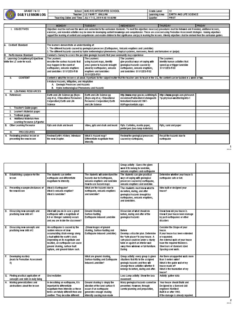 DLL Earth and Life Science Week 6 Ok P | PDF | Earthquakes | Fault ...