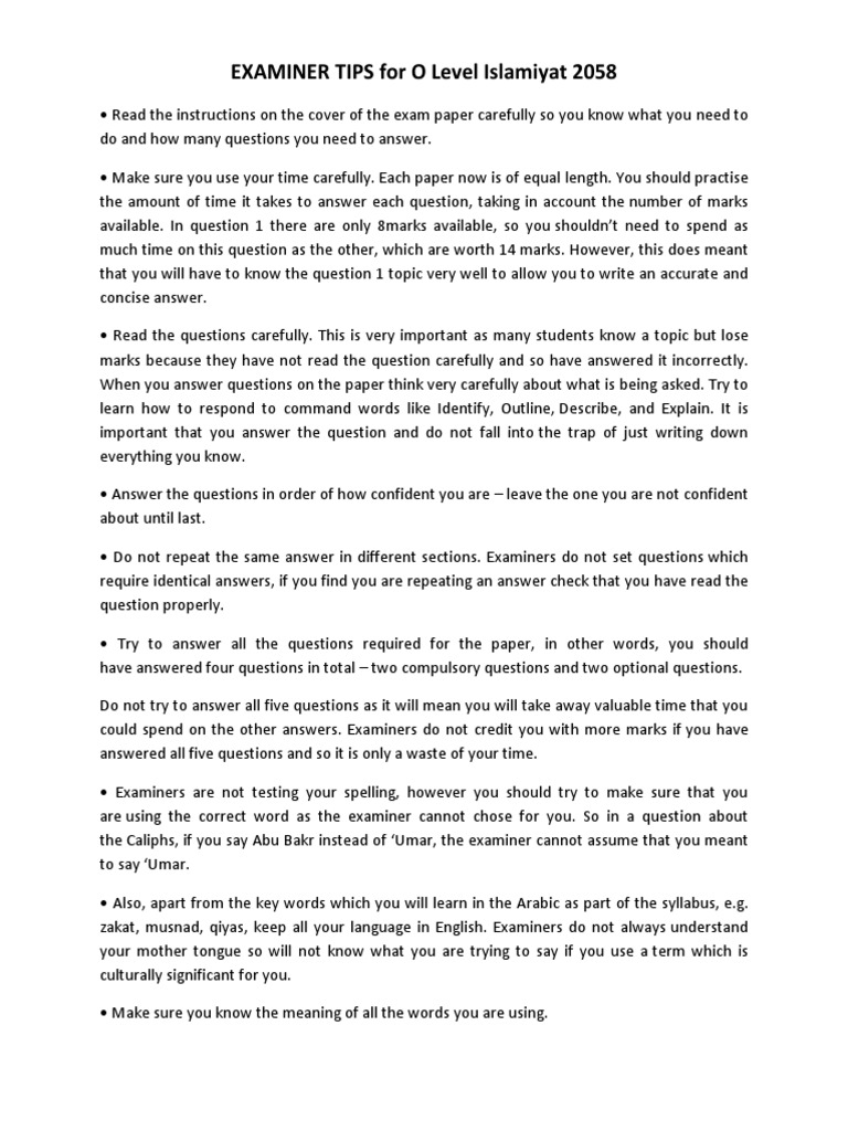 EXAMINER TIPS For O Level Islamiyat 2058 | PDF | Question | Umar