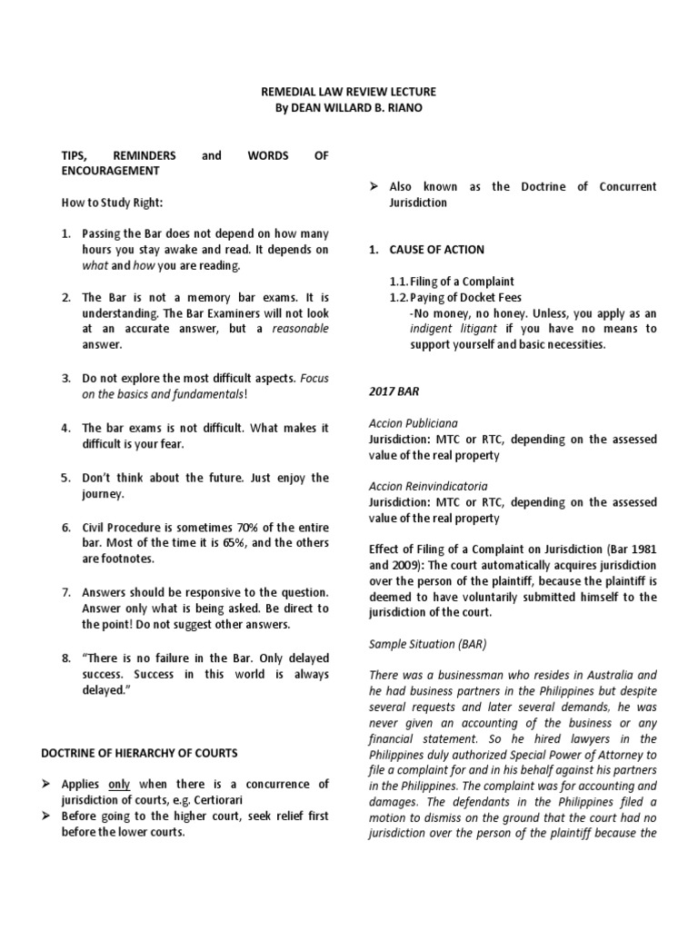 Riano's Remedial Law Review Insights | PDF | Complaint | Lawsuit